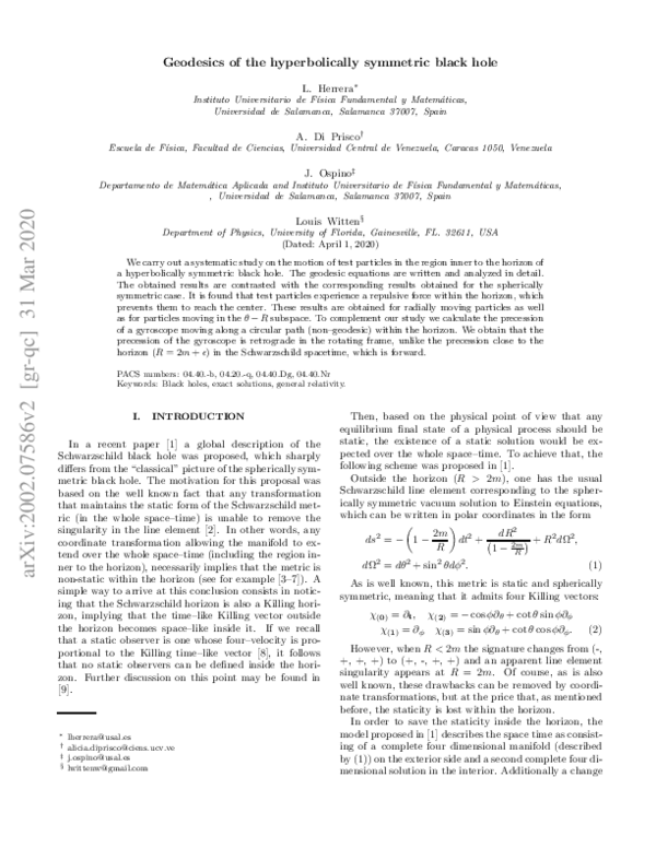 (PDF) Geodesics of the hyperbolically symmetric black hole