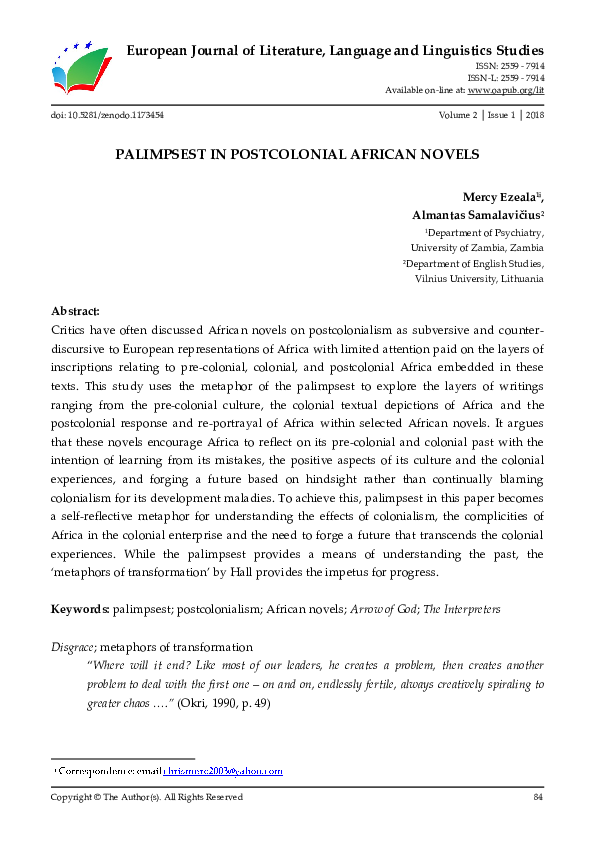 (PDF) Palimpsest In Postcolonial African Novels