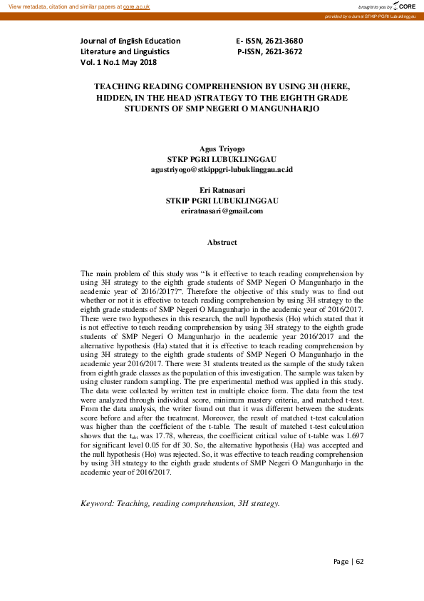 (PDF) Teaching Reading Comprehension by Using 3H (Here, Hidden, in the Head )Strategy to the ...