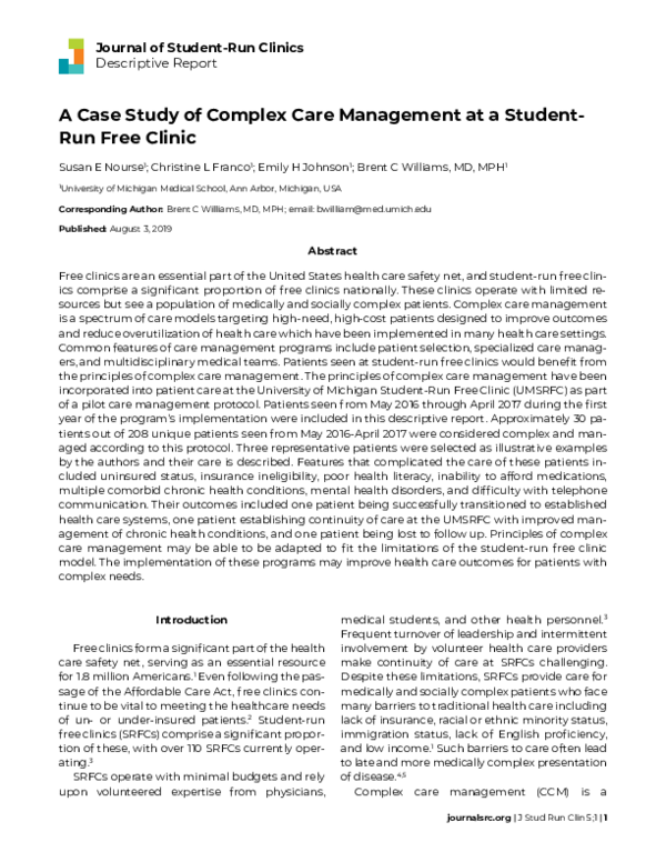 (PDF) A Case Study of Complex Care Management at a Student-Run Free Clinic