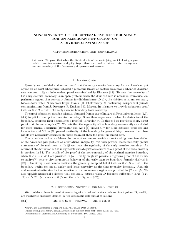 (PDF) Nonconvexity of the Optimal Exercise Boundary for an American Put Option on a Dividend ...