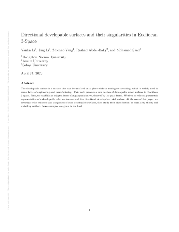 (PDF) Directional developable surfaces and their singularities in ...