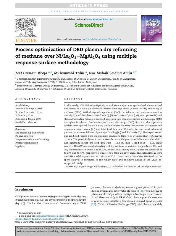 (PDF) Process optimization of DBD plasma dry reforming of methane over Ni/La2O3MgAl2O4 using ...