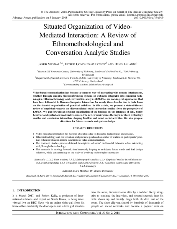 (PDF) Situated Organization of Video-Mediated Interaction: A Review of Ethnomethodological and ...
