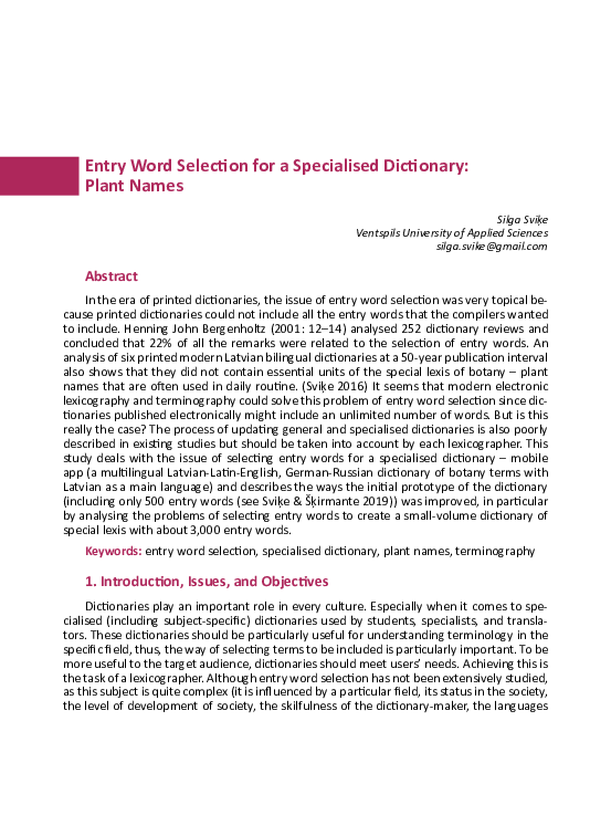 (PDF) Entry Word Selection for a Specialised Dictionary: Plant Names