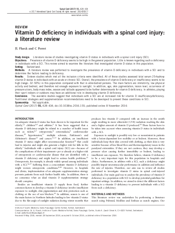 (PDF) Vitamin D deficiency in individuals with a spinal cord injury: a ...