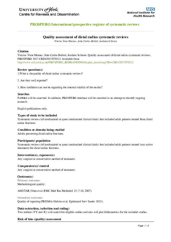 (PDF) A systematic review of the quality of distal radius systematic reviews: Methodology and ...