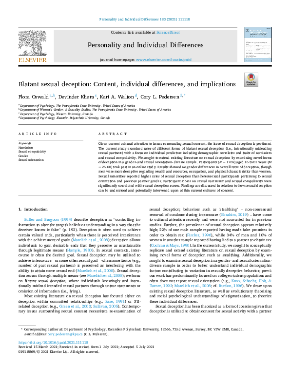 (PDF) Blatant sexual deception: Content, individual differences, and ...