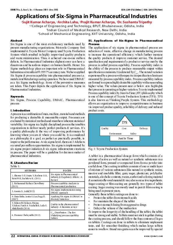 (PDF) Applications of Six-Sigma in Pharmaceutical Industries