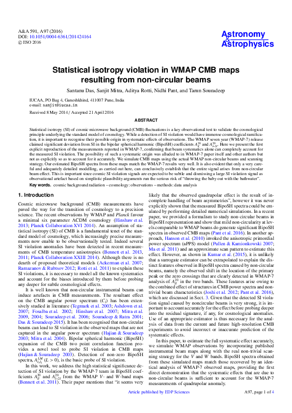 (PDF) Statistical isotropy violation in WMAP CMB maps resulting from non-circular beams | Tarun ...