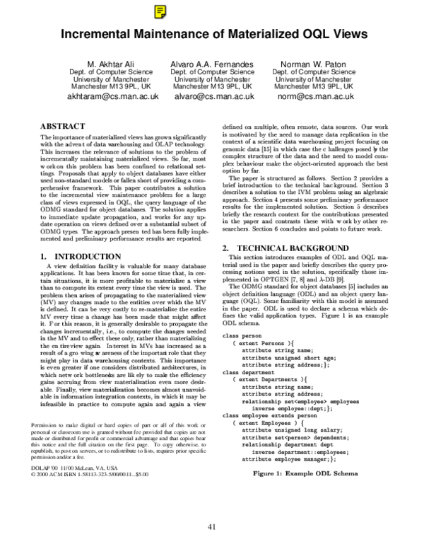 (PDF) Incremental maintenance of materialized OQL views | Muhammad Ali - Academia.edu
