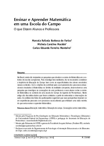 (PDF) Ensinar e Aprender Matemática Em Uma Escola Do Campo: O Que Dizem Alunos e Sua Professora