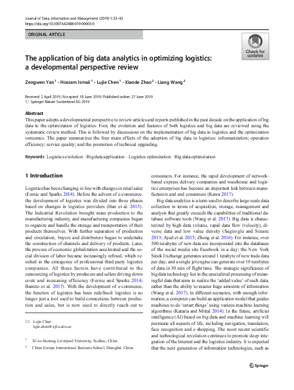 (PDF) Big data analytics for logistics and transportation