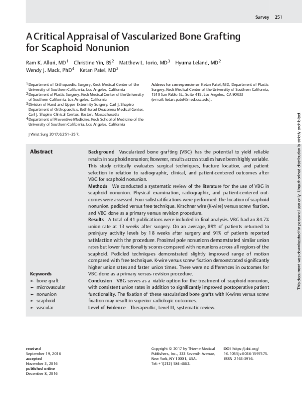 (PDF) A Critical Appraisal of Vascularized Bone Grafting for Scaphoid ...