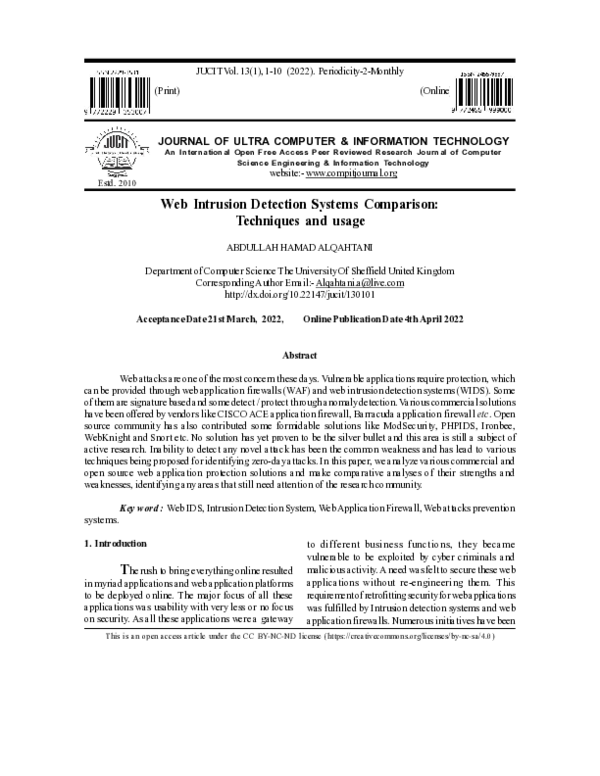 (PDF) Web Intrusion Detection Systems Comparison: Techniques and usage