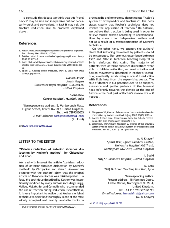 (PDF) “Painless reduction of anterior shoulder dislocation by Kocher's ...