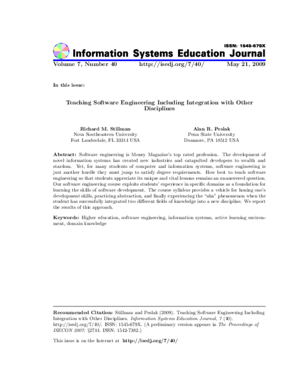 (PDF) Teaching Software Engineering Including Integration with Other Disciplines