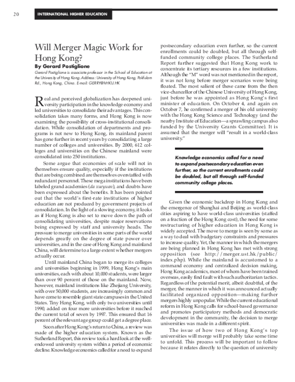 (PDF) Will Merger Magic Work for Hong Kong?