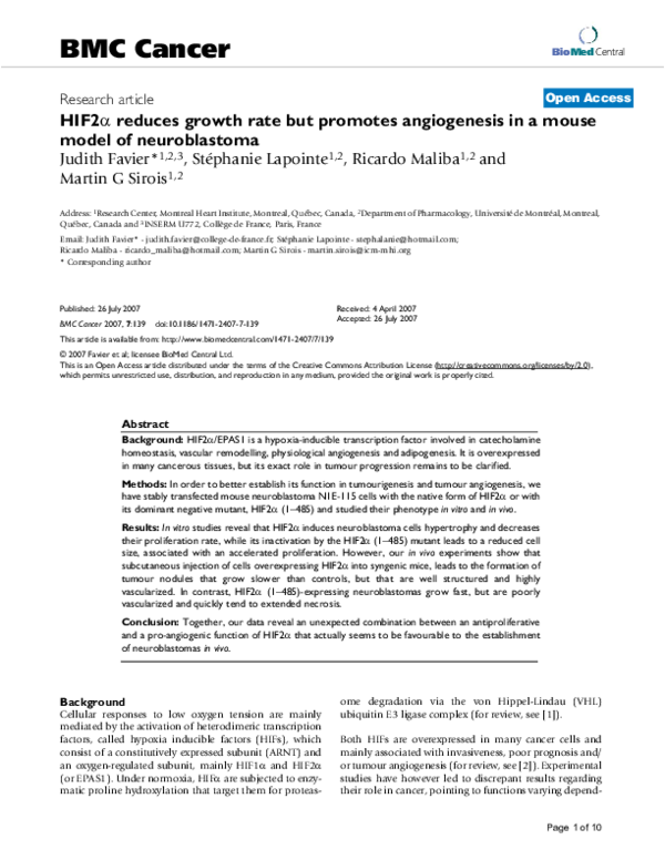 (PDF) HIF2a reduces growth rate but promotes angiogenesis in a mouse ...