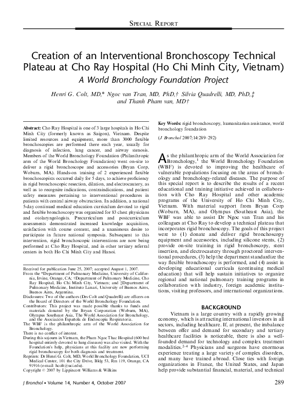 (PDF) Creation of an Interventional Bronchoscopy Technical Plateau at ...