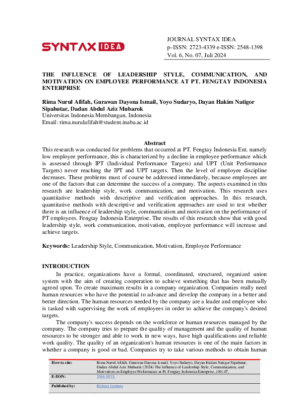 (PDF) The Influence Of Leadership Style, Communication, And Motivation ...