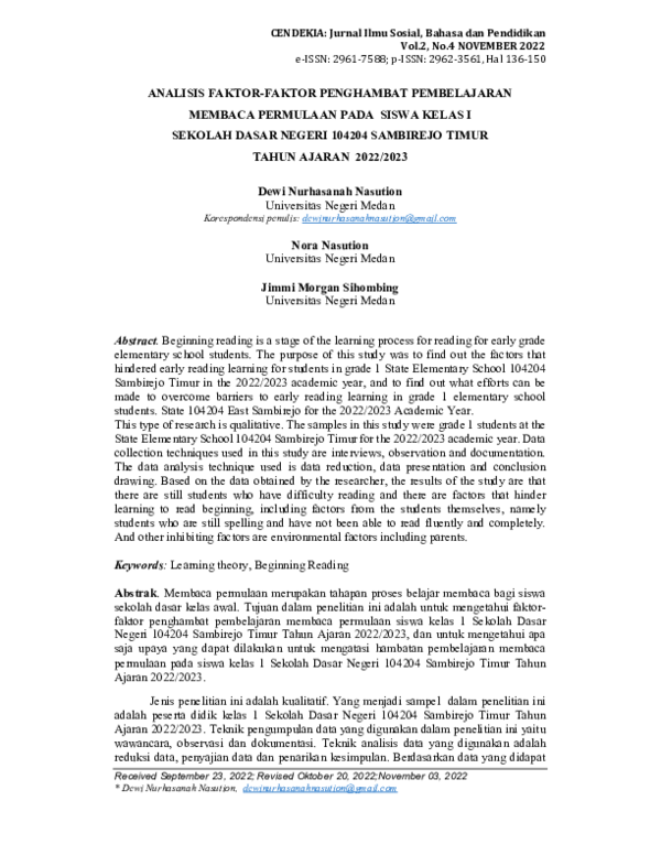 (PDF) Analisis Faktor-Faktor Penghambat Pembelajaran Membaca Permulaan Pada Siswa Kelas I ...