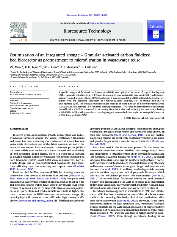 (PDF) Optimization of an integrated sponge – Granular activated carbon fluidized bed bioreactor ...