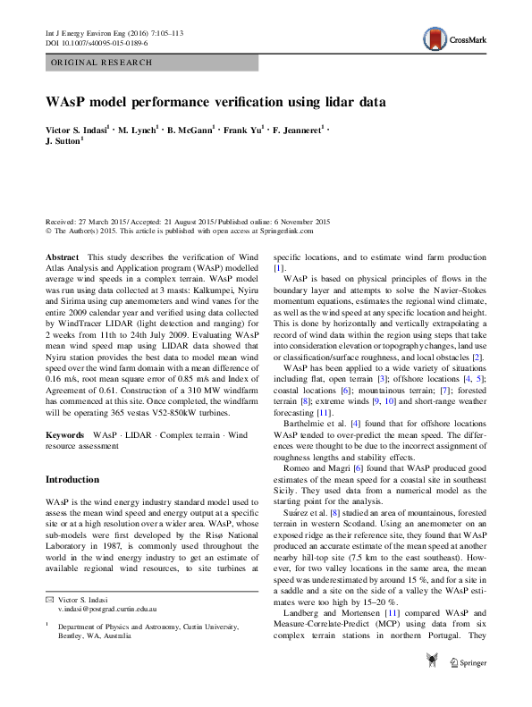 (PDF) WAsP model performance verification using lidar data | Frank Yu ...