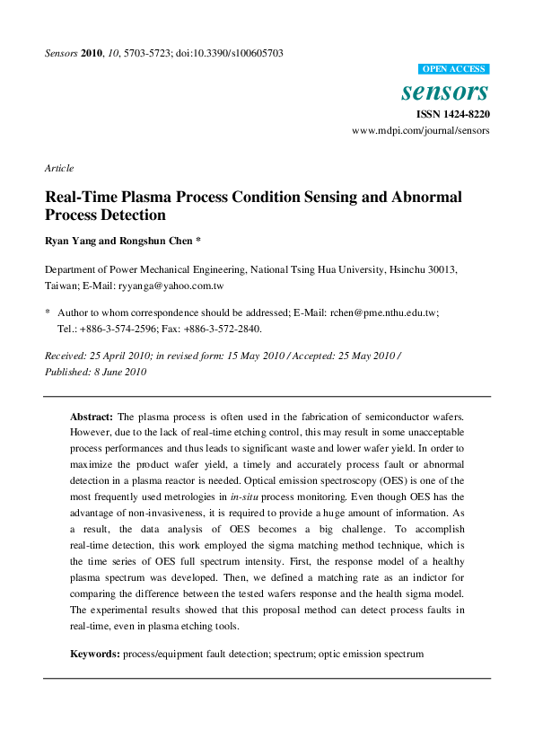 (PDF) Real-Time Plasma Process Condition Sensing and Abnormal Process Detection