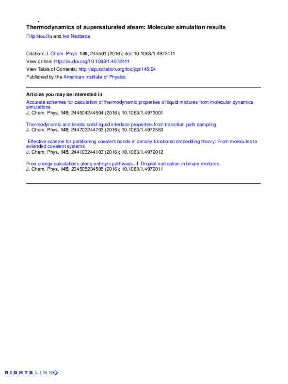 (PDF) Thermodynamics of supersaturated steam: Molecular simulation results