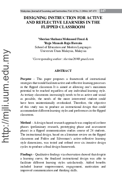 (PDF) Designing Instruction for Active and Reflective Learners in the Flipped Classroom