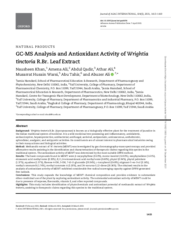 (PDF) GC-MS Analysis and Antioxidant Activity of Wrightia tinctoria R.Br. Leaf Extract | Abdul ...