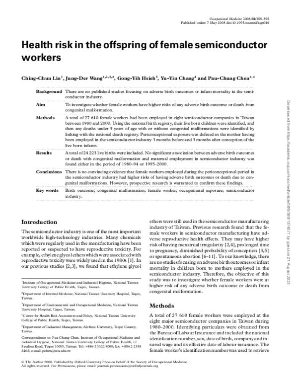 (PDF) Health risk in the offspring of female semiconductor workers