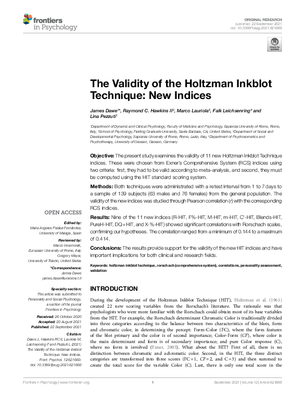 (PDF) The Validity of the Holtzman Inkblot Technique: New Indices