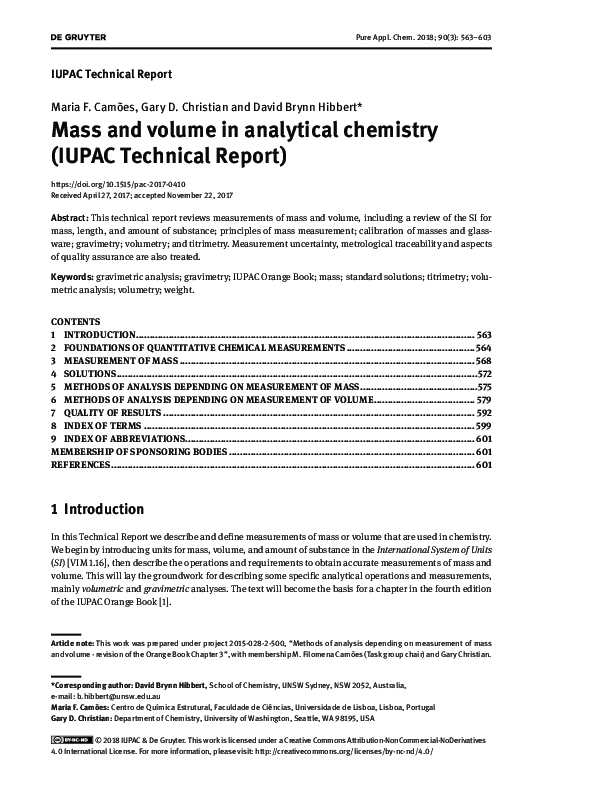 (PDF) Mass and volume in analytical chemistry (IUPAC Technical Report)