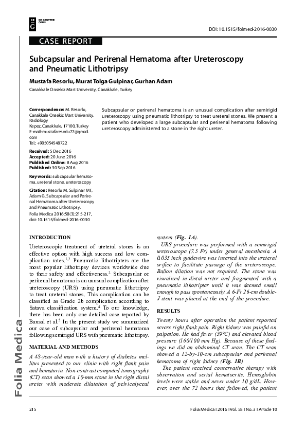 (PDF) Subcapsular and Perirenal Hematoma after Ureteroscopy and ...