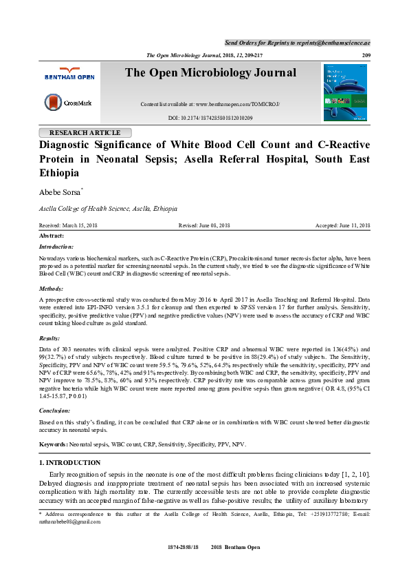 (PDF) Diagnostic Significance of White Blood Cell Count and C-Reactive ...