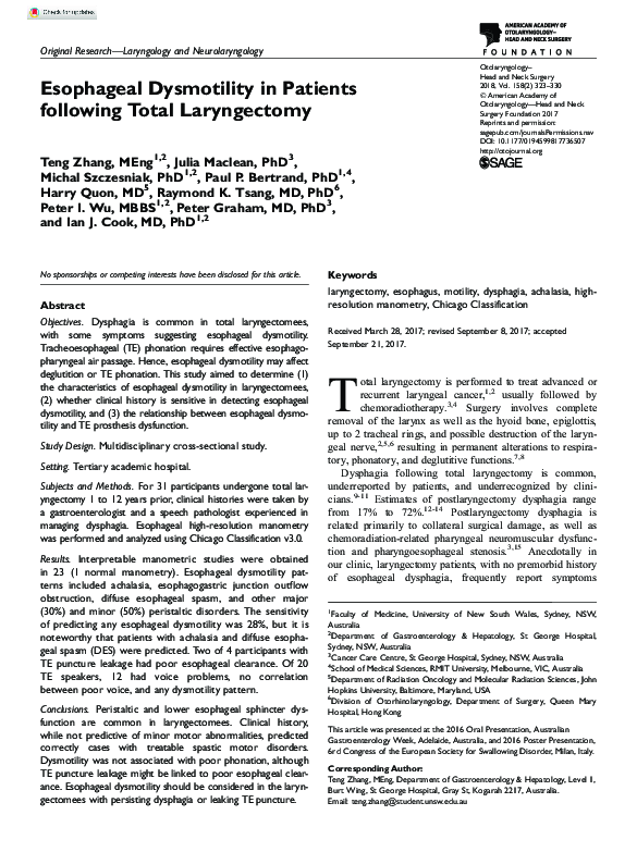 (PDF) Esophageal Dysmotility in Patients following Total Laryngectomy