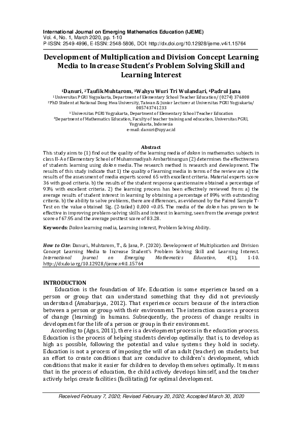 (PDF) Development of Multiplication and Division Concept Learning Media to Increase Student’s ...