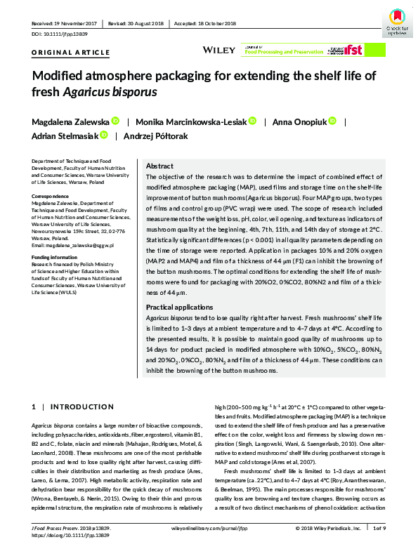 (PDF) Modified atmosphere packaging for extending the shelf life of fresh Agaricus bisporus