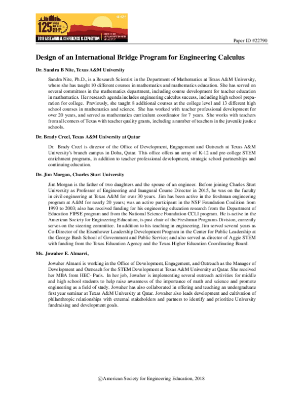 (PDF) Design of an International Bridge Program for Engineering Calculus
