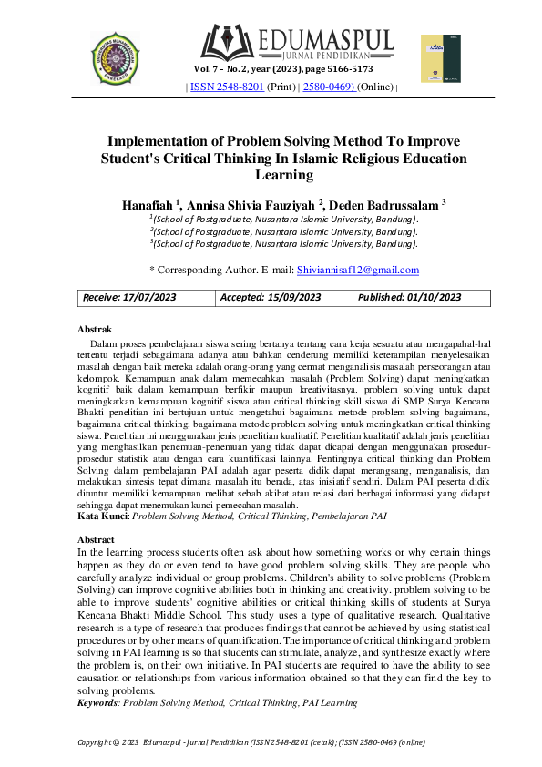 (PDF) Implementation of Problem Solving Method To Improve Student's Critical Thinking In Islamic ...