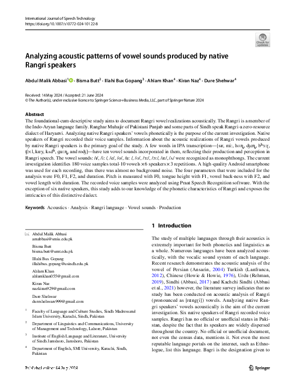 (PDF) Analyzing acoustic patterns of vowel sounds produced by native ...