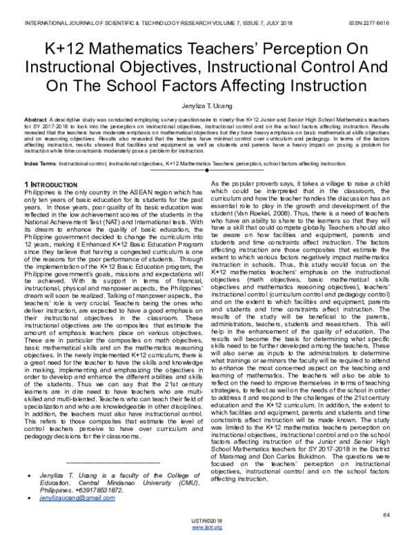Pdf K 12 Mathematics Teachers Perception On Instructional Objectives Instructional Control
