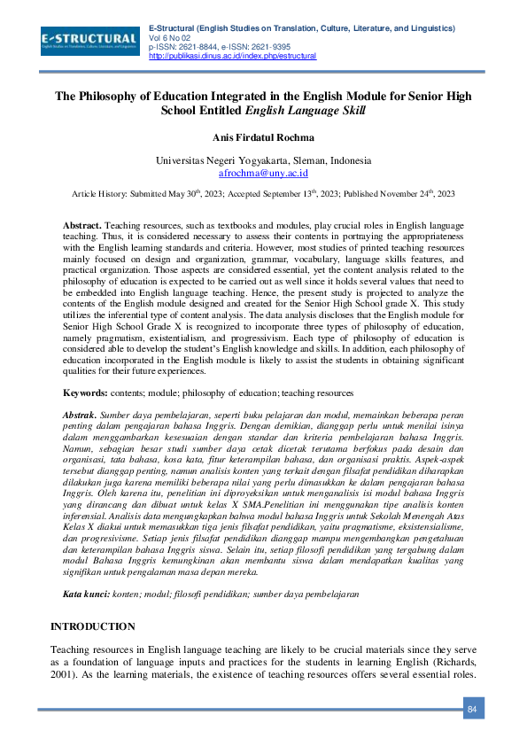 (PDF) The Philosophy of Education Integrated in the English Module for ...