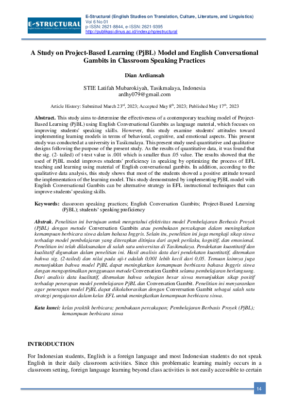 (PDF) A Study on Project-Based Learning (PjBL) Model and English ...