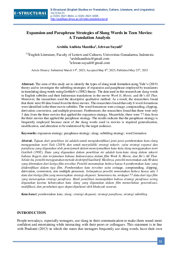 (PDF) Expansion and Paraphrase Strategies of Slang Words in Teen Movies ...