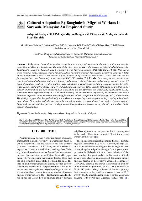 (PDF) Cultural Adaptation By Bangladeshi Migrant Workers In Sarawak, Malaysia: An Empirical Study