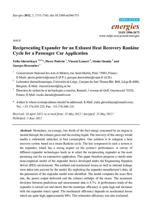 (PDF) Reciprocating Expander for an Exhaust Heat Recovery Rankine Cycle ...
