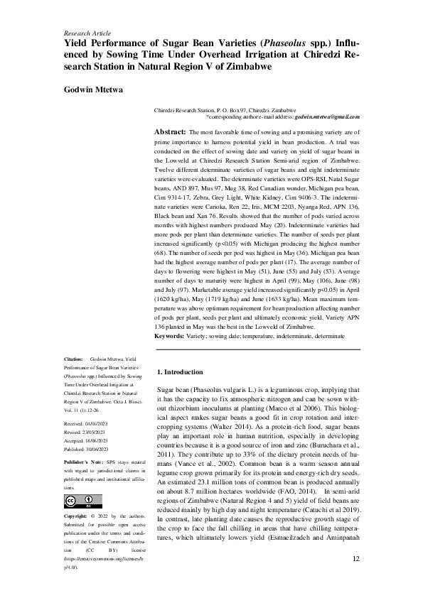 (PDF) Yield Performance of Sugar Bean Varieties (Phaseolus spp ...
